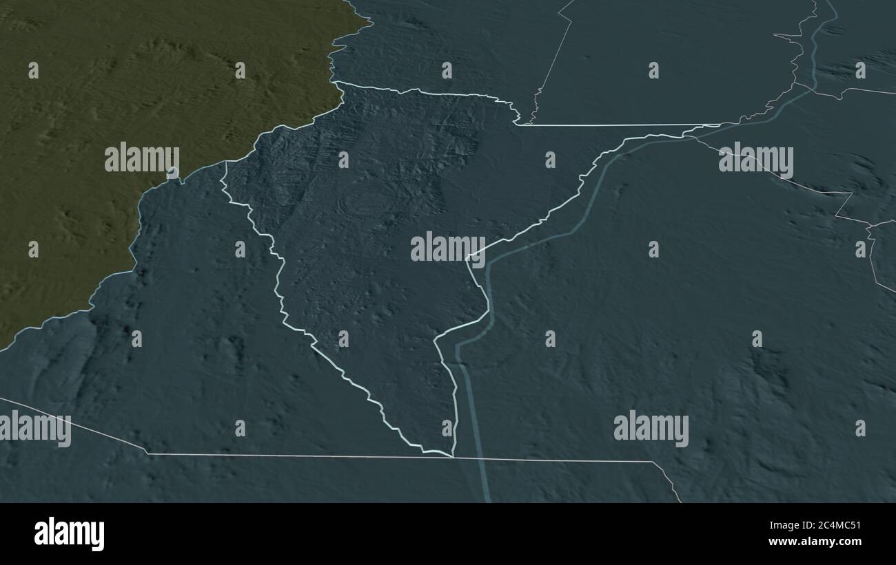 Zoom in on Neno (district of Malawi) outlined. Oblique perspective ...