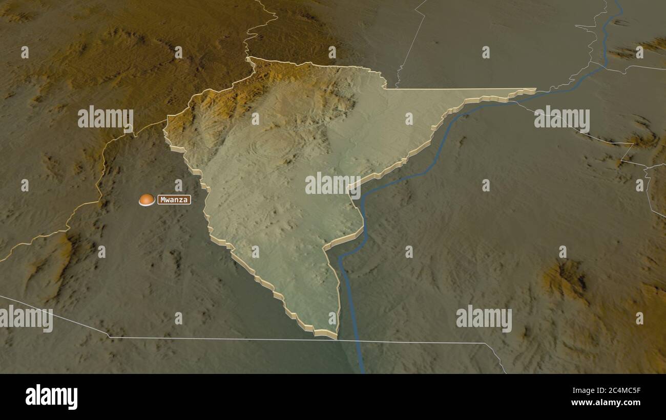Zoom in on Neno (district of Malawi) extruded. Oblique perspective ...