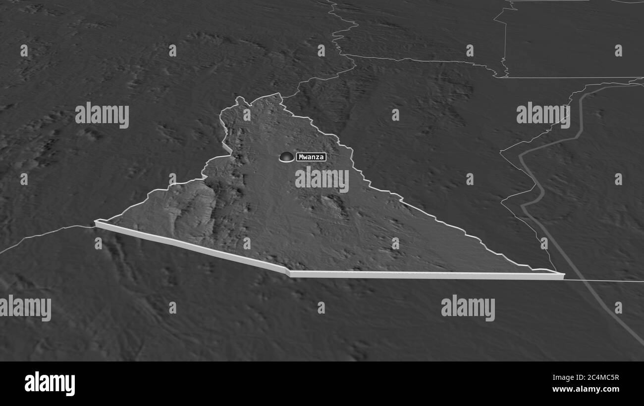 Zoom in on Mwanza (district of Malawi) extruded. Oblique perspective ...