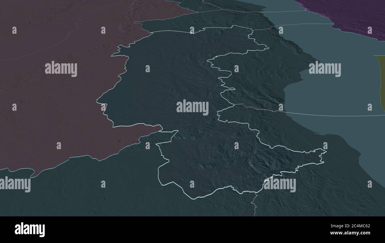 Zoom in on Mzimba (district of Malawi) outlined. Oblique perspective ...