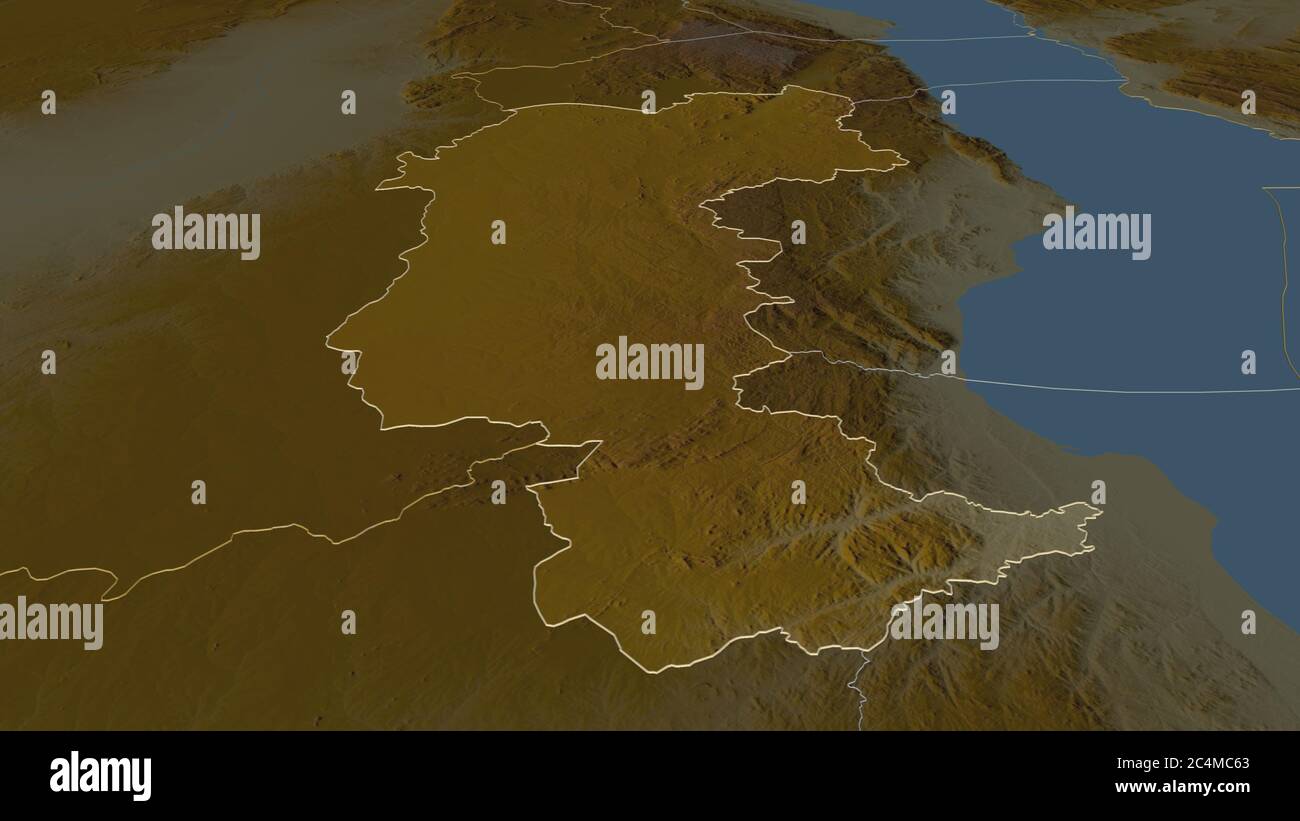 Zoom in on Mzimba (district of Malawi) outlined. Oblique perspective ...