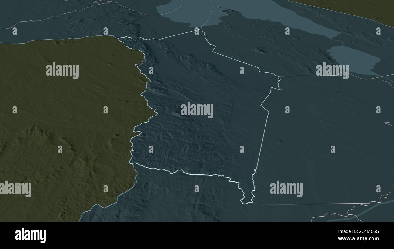 Zoom in on Ntcheu (district of Malawi) outlined. Oblique perspective ...