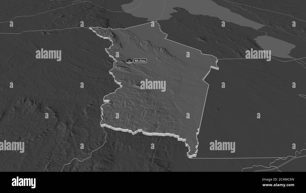 Zoom in on Ntcheu (district of Malawi) extruded. Oblique perspective ...