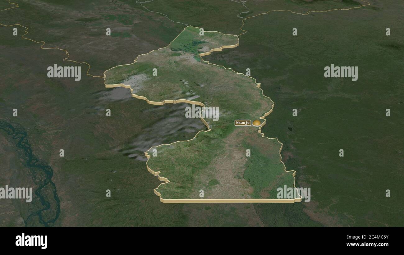 Zoom in on Nsanje (district of Malawi) extruded. Oblique perspective ...