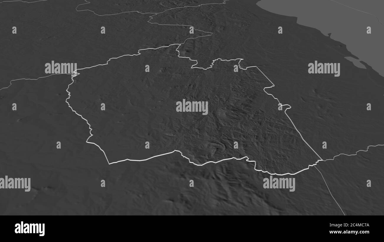 Zoom in on Ntchisi (district of Malawi) outlined. Oblique perspective ...