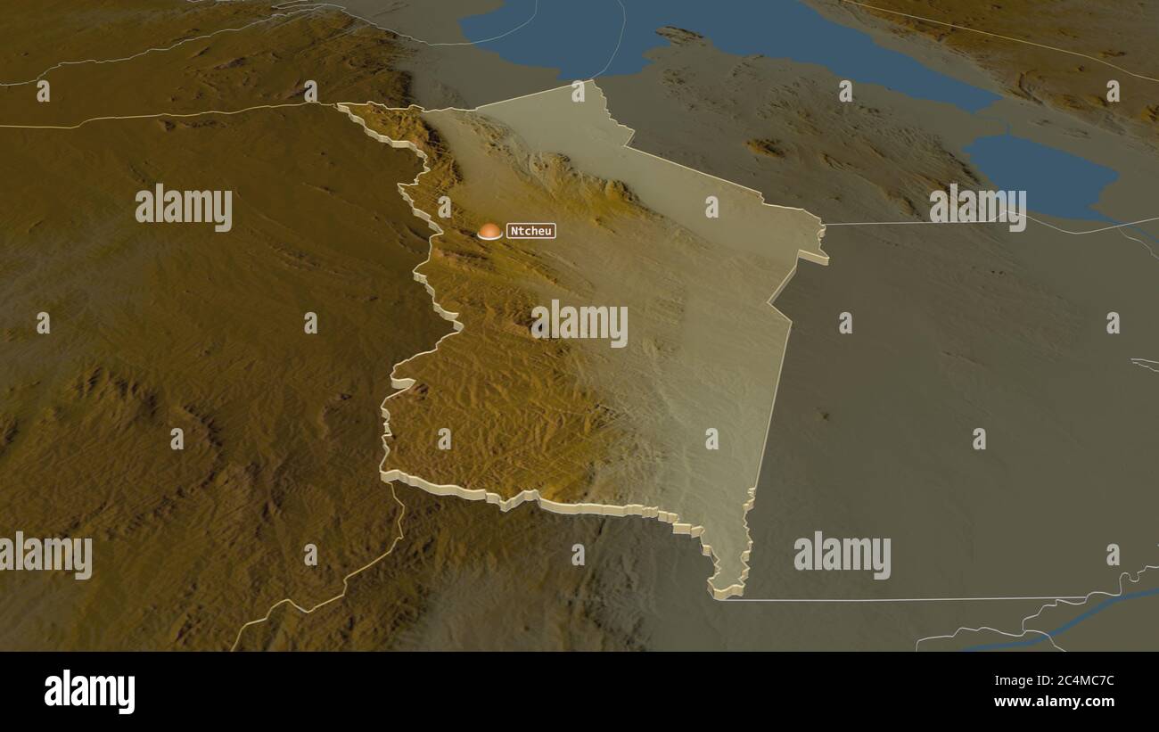 Zoom in on Ntcheu (district of Malawi) extruded. Oblique perspective ...