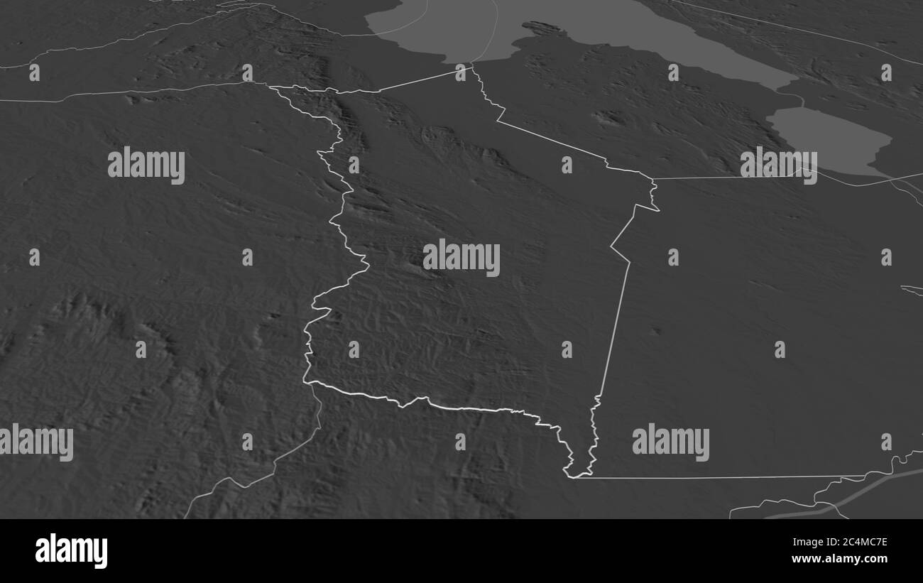 Zoom in on Ntcheu (district of Malawi) outlined. Oblique perspective ...