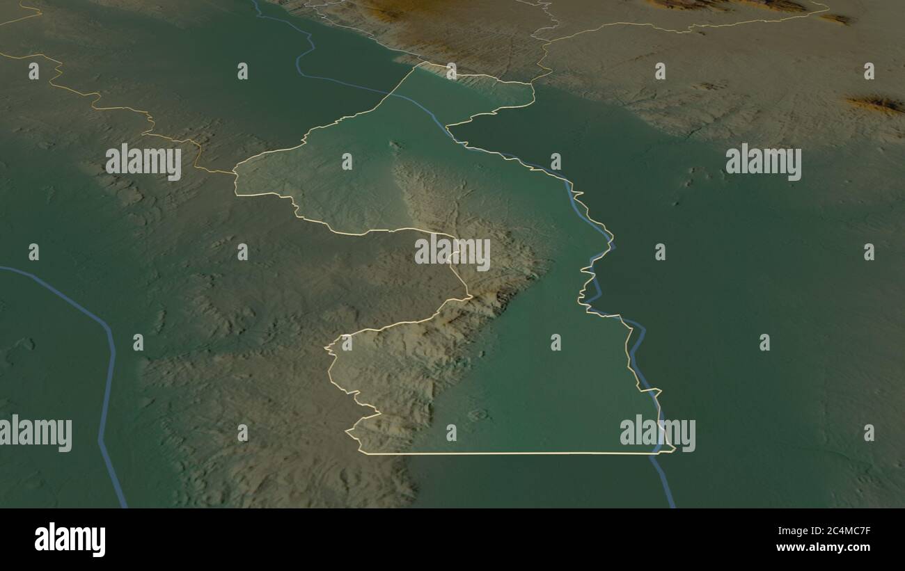 Zoom in on Nsanje (district of Malawi) outlined. Oblique perspective ...