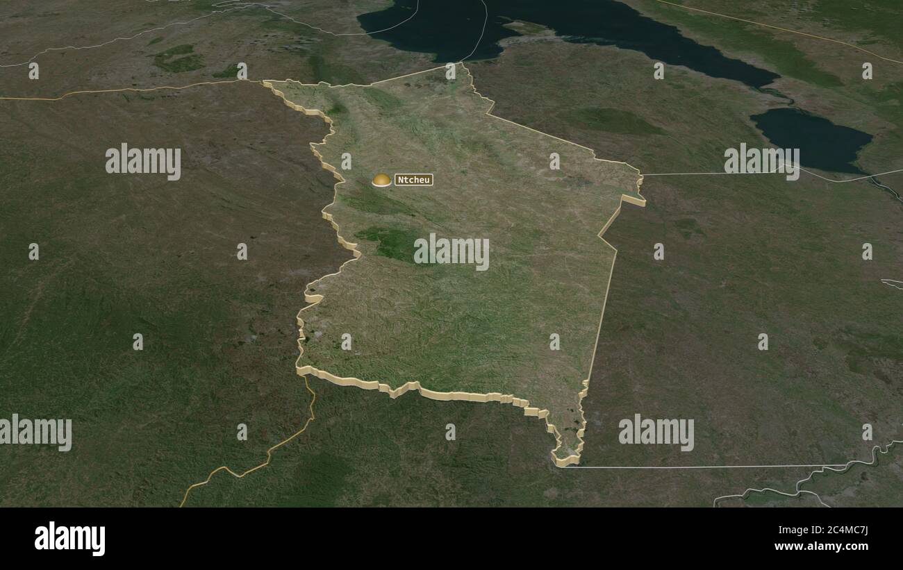 Zoom in on Ntcheu (district of Malawi) extruded. Oblique perspective ...