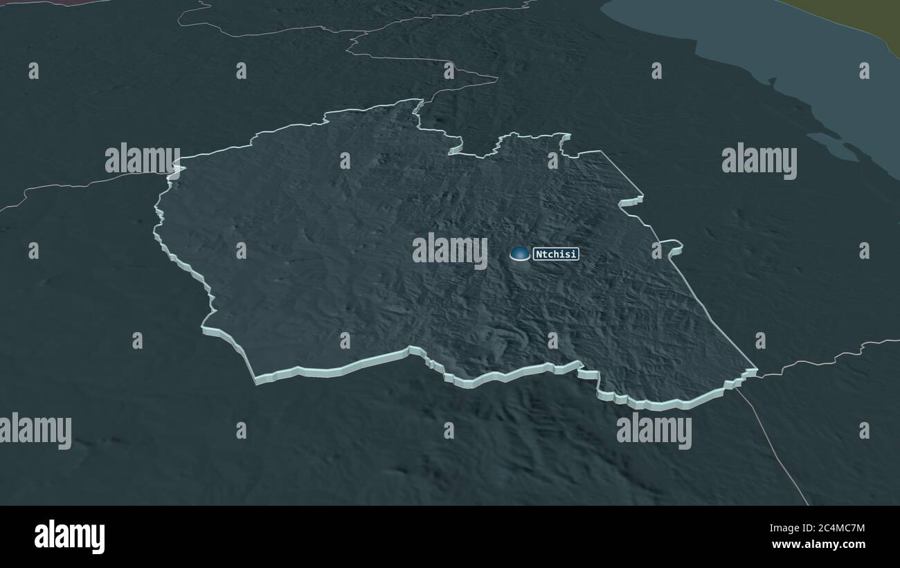 Zoom in on Ntchisi (district of Malawi) extruded. Oblique perspective ...