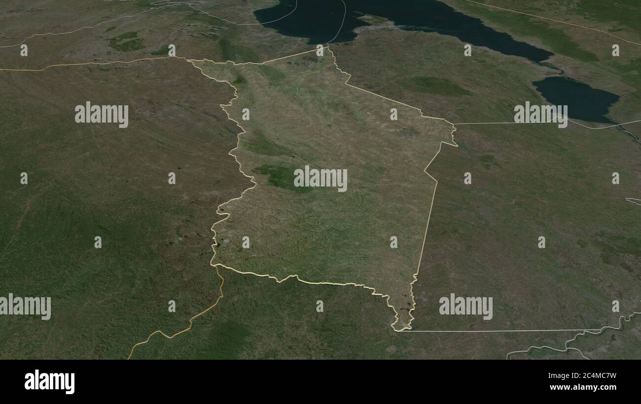Zoom in on Ntcheu (district of Malawi) outlined. Oblique perspective ...