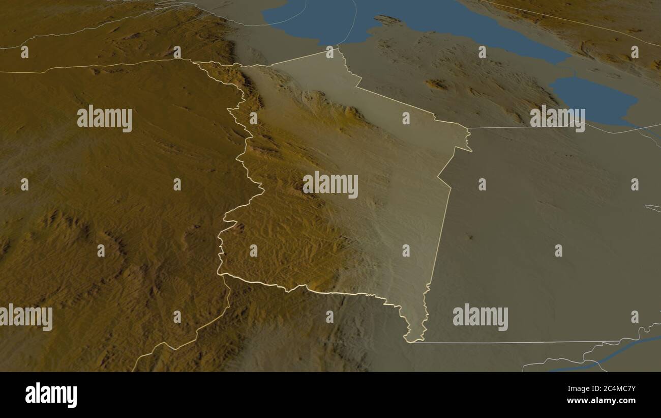 Zoom in on Ntcheu (district of Malawi) outlined. Oblique perspective ...
