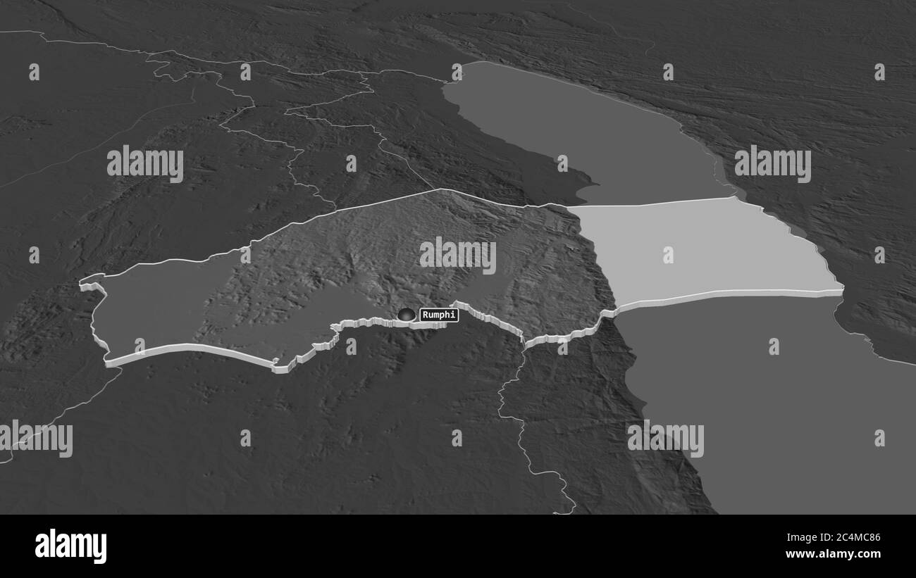 Zoom in on Rumphi (district of Malawi) extruded. Oblique perspective ...