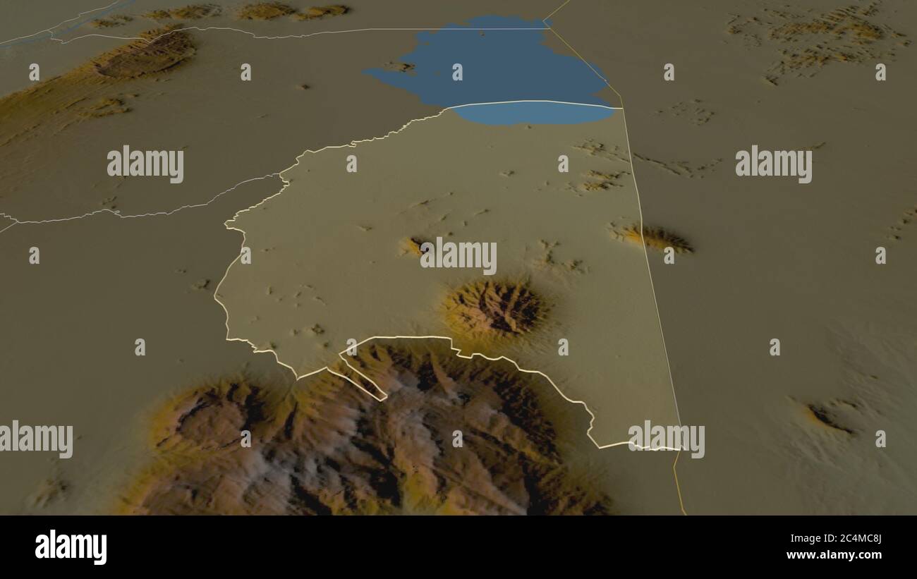 Zoom in on Phalombe (district of Malawi) outlined. Oblique perspective ...