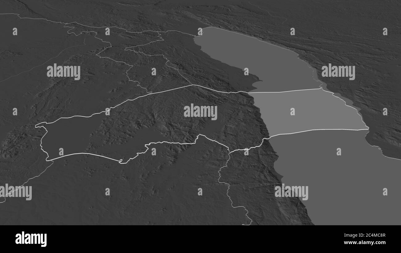 Zoom in on Rumphi (district of Malawi) outlined. Oblique perspective ...