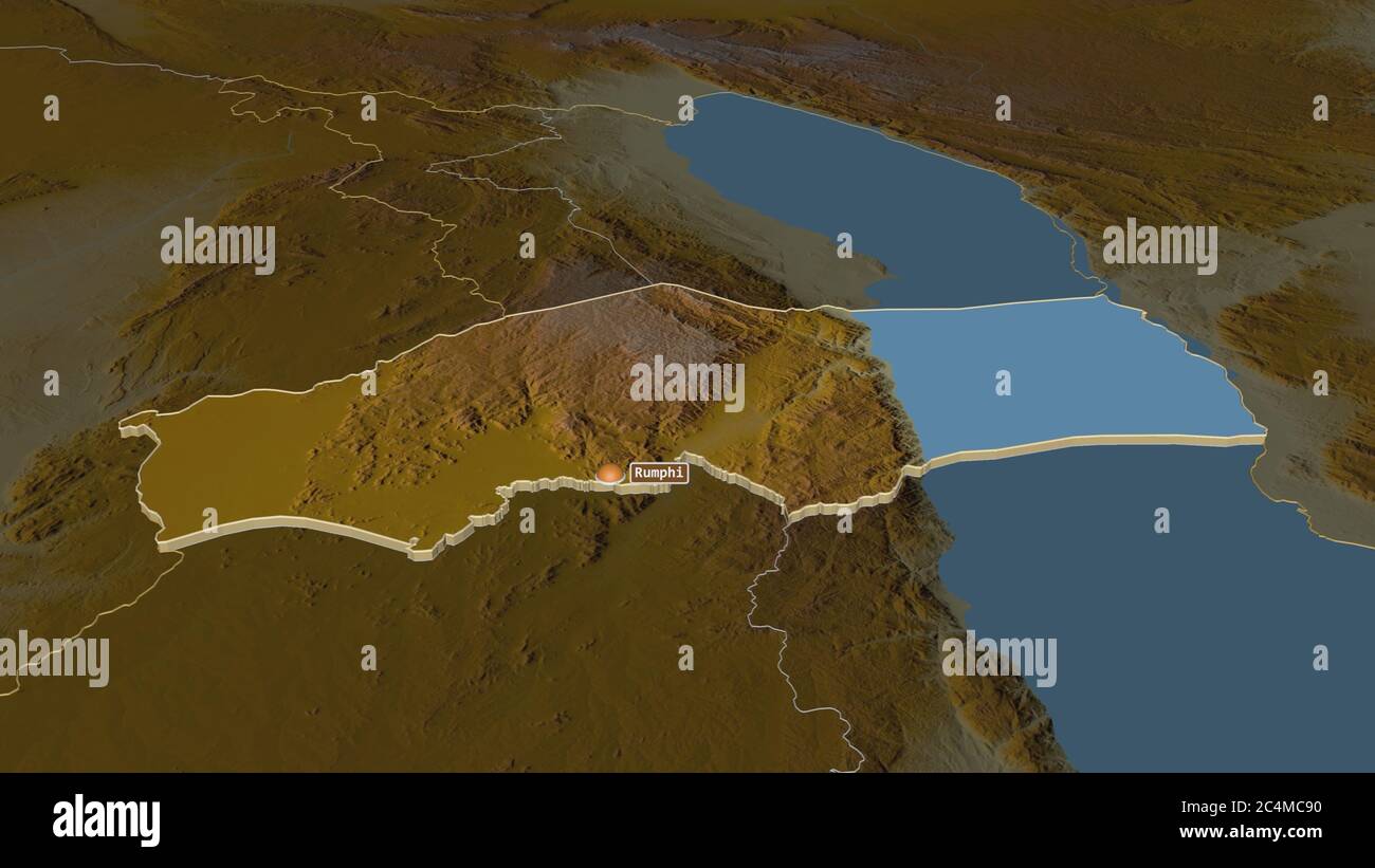 Zoom in on Rumphi (district of Malawi) extruded. Oblique perspective ...