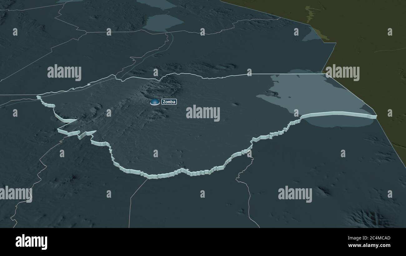 Zoom in on Zomba (district of Malawi) extruded. Oblique perspective ...