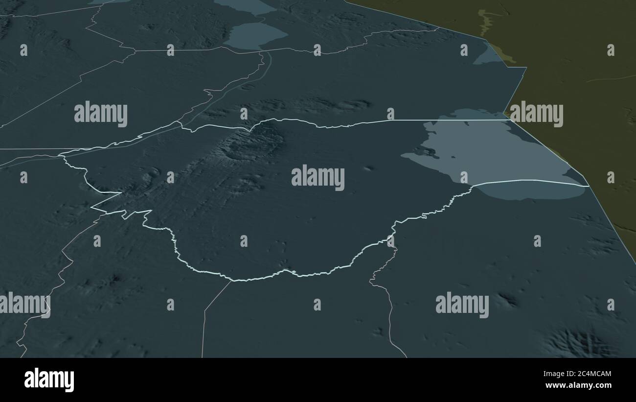 Zoom in on Zomba (district of Malawi) outlined. Oblique perspective ...