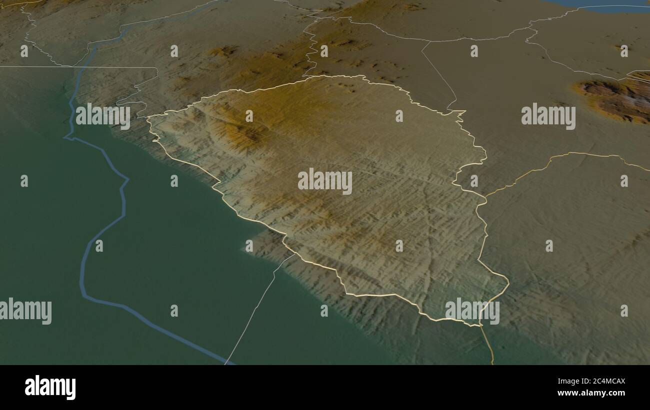 Zoom in on Thyolo (district of Malawi) outlined. Oblique perspective ...