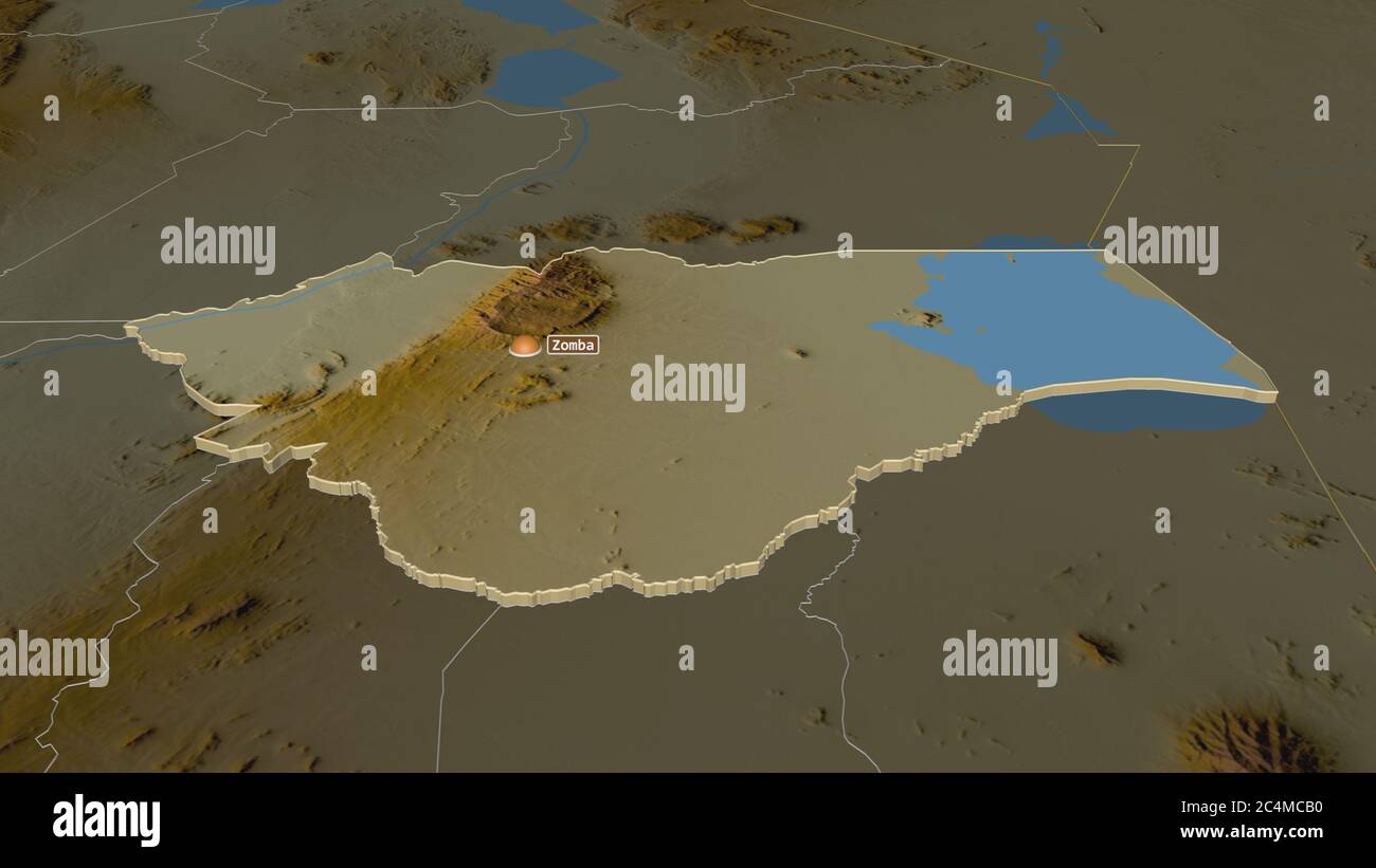 Zoom in on Zomba (district of Malawi) extruded. Oblique perspective ...