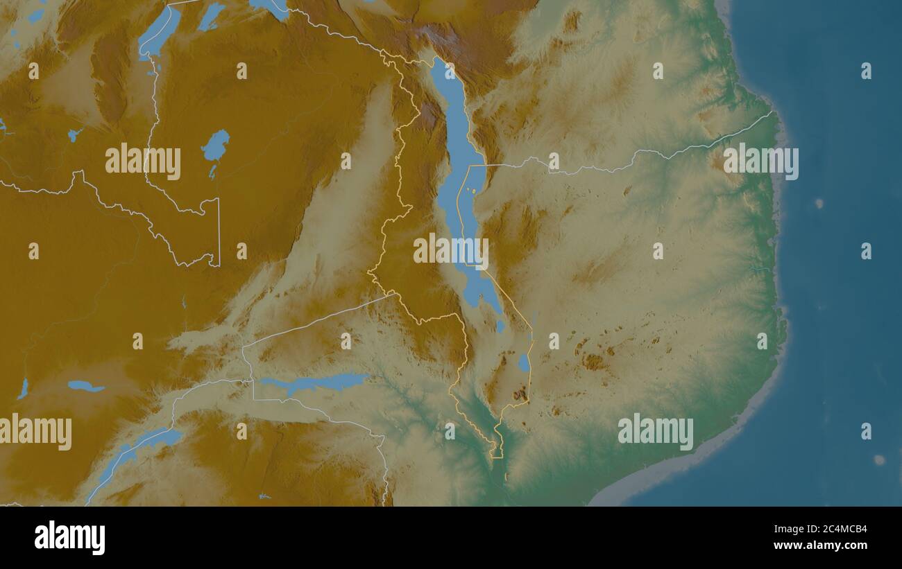 Outlined shape of the Malawi area. Topographic relief map with surface ...
