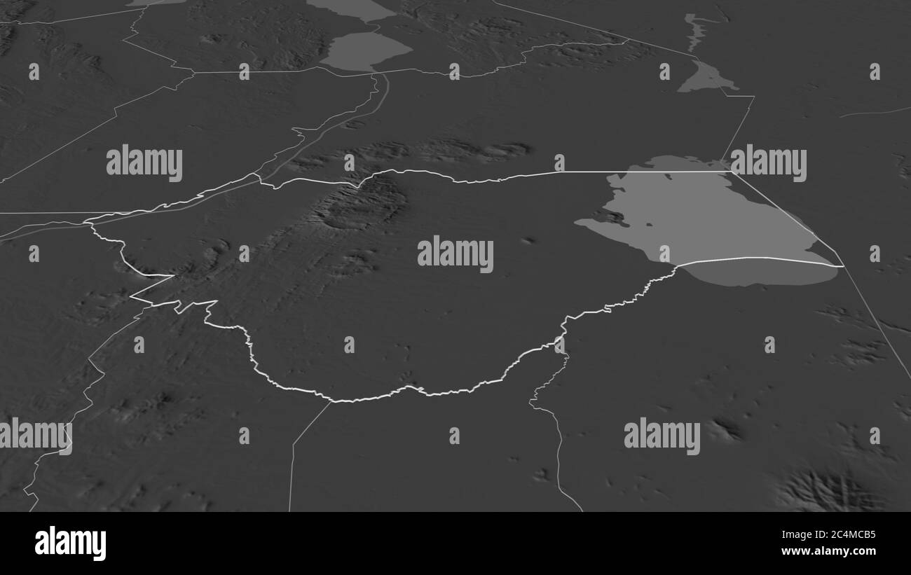 Zoom in on Zomba (district of Malawi) outlined. Oblique perspective ...