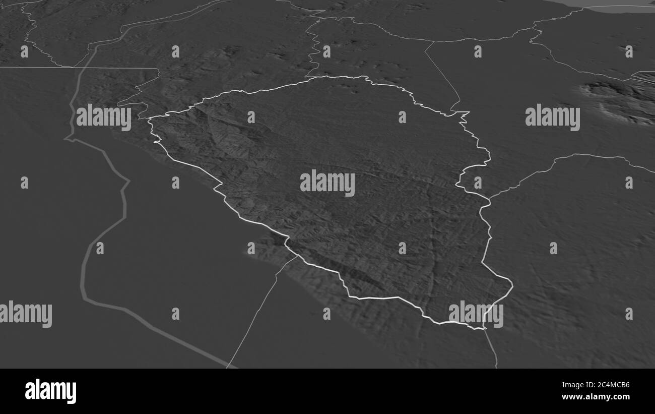 Zoom in on Thyolo (district of Malawi) outlined. Oblique perspective ...