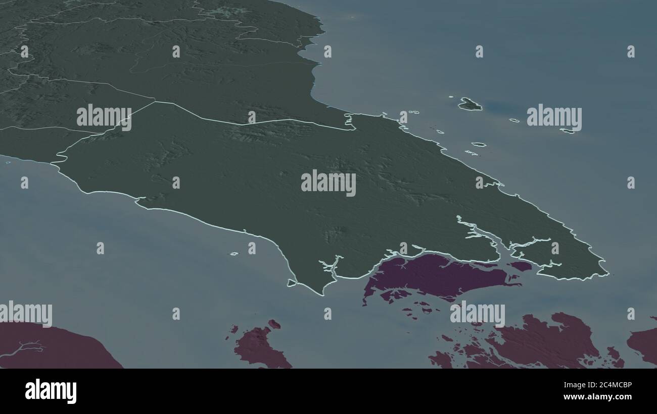 Zoom in on Johor (state of Malaysia) outlined. Oblique perspective ...