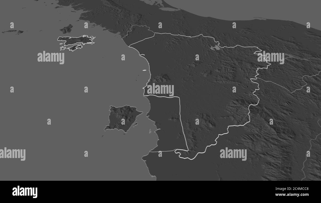 Zoom in on Kedah (state of Malaysia) outlined. Oblique perspective ...