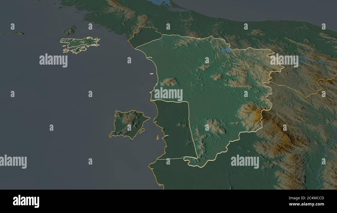 Zoom in on Kedah (state of Malaysia) outlined. Oblique perspective. Topographic relief map with ...