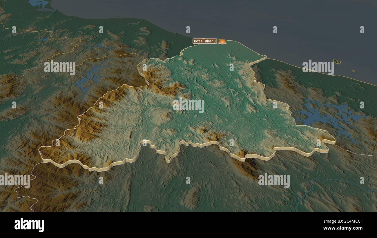 Zoom in on Kelantan (state of Malaysia) extruded. Oblique perspective ...