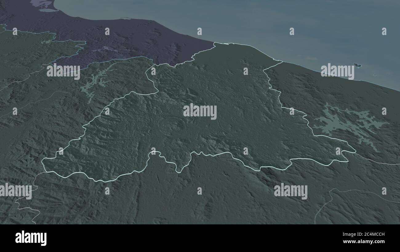 Zoom in on Kelantan (state of Malaysia) outlined. Oblique perspective ...