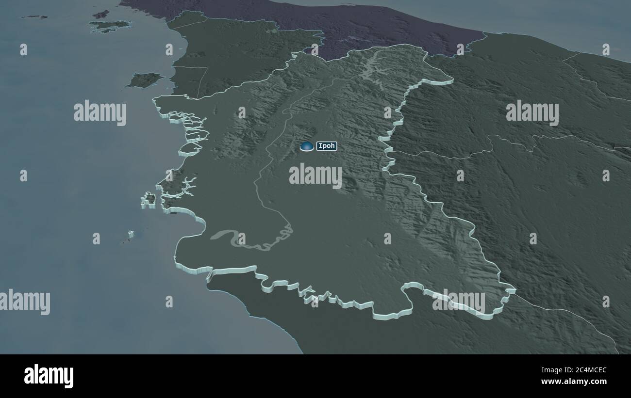 Zoom in on Perak (state of Malaysia) extruded. Oblique perspective ...