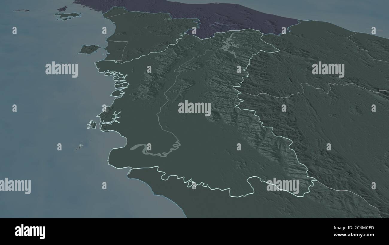 Zoom in on Perak (state of Malaysia) outlined. Oblique perspective ...
