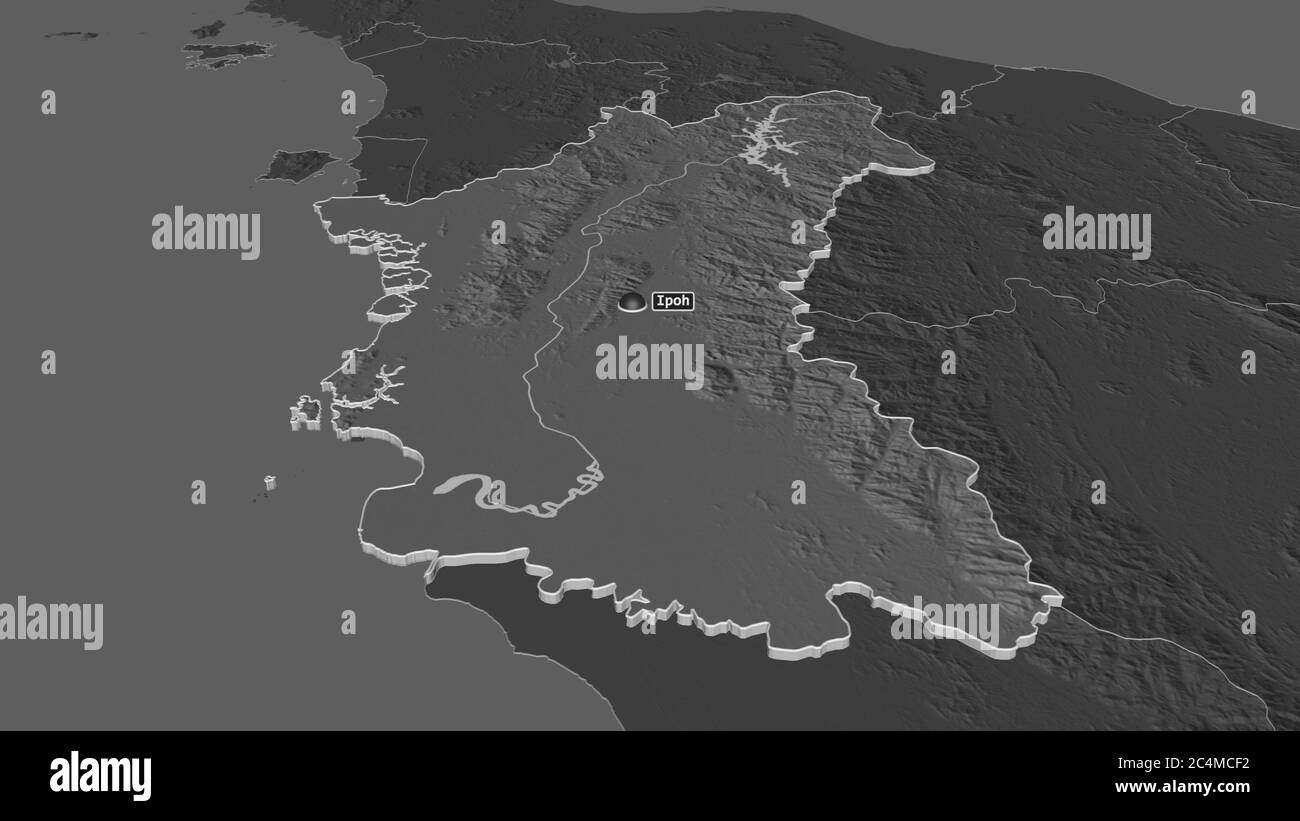 Zoom in on Perak (state of Malaysia) extruded. Oblique perspective ...