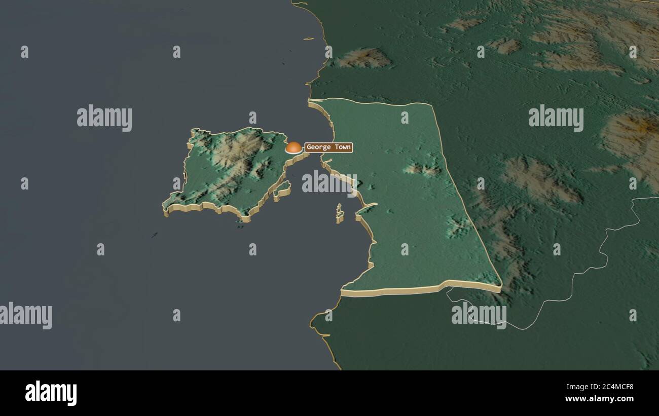 Zoom in on Pulau Pinang (state of Malaysia) extruded. Oblique ...