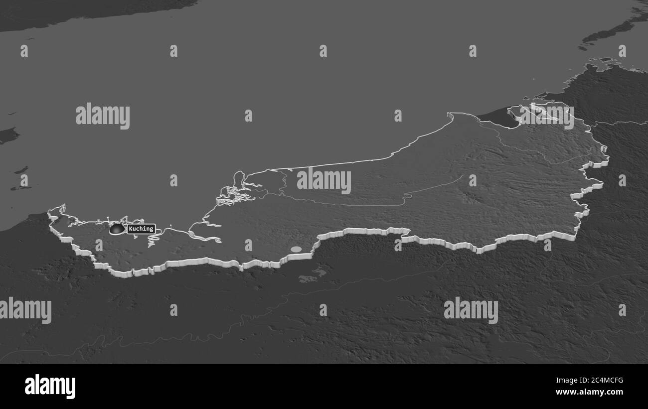 Zoom in on Sarawak (state of Malaysia) extruded. Oblique perspective ...