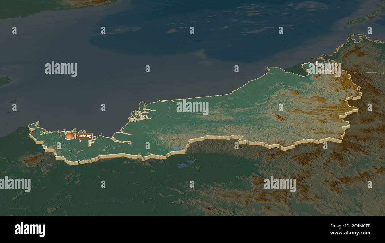 Zoom in on Sarawak (state of Malaysia) extruded. Oblique perspective ...