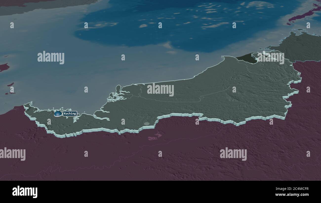 Zoom in on Sarawak (state of Malaysia) extruded. Oblique perspective ...