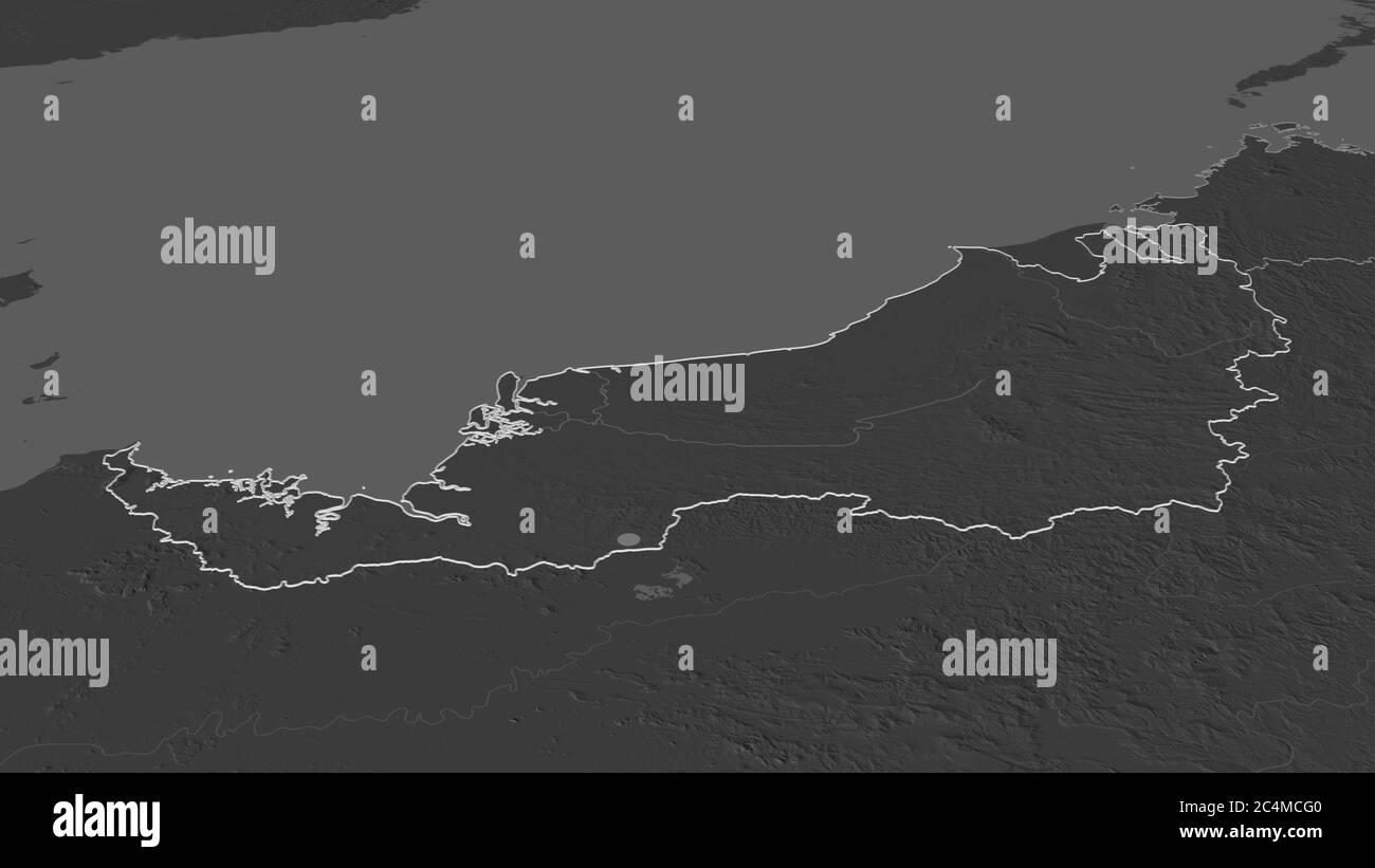 Zoom in on Sarawak (state of Malaysia) outlined. Oblique perspective ...