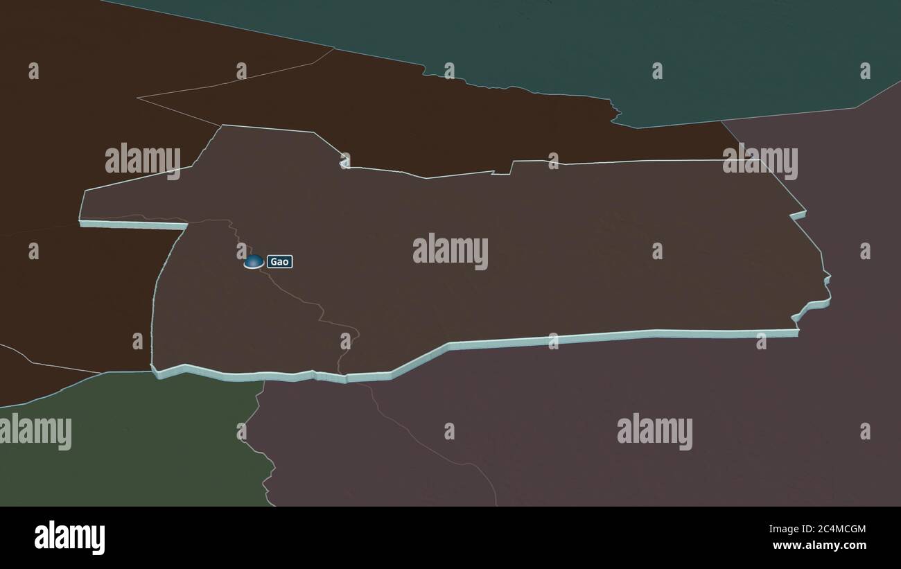 Zoom in on Gao (region of Mali) extruded. Oblique perspective. Colored ...
