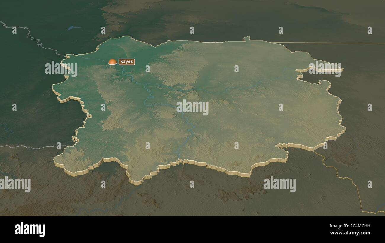 Zoom in on Kayes (region of Mali) extruded. Oblique perspective ...