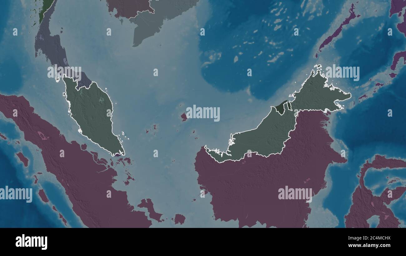Outlined shape of the Malaysia area. Colored and bumped map of the ...