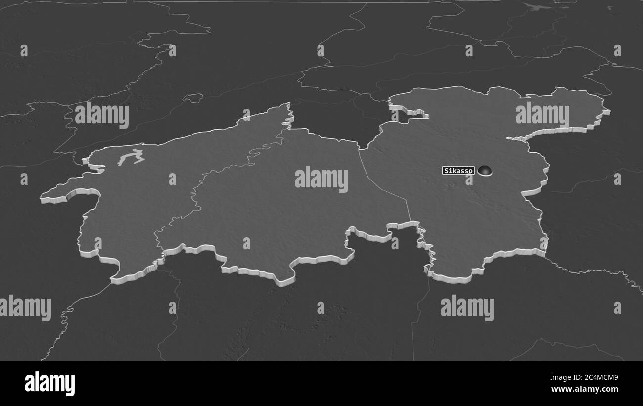Zoom in on Sikasso (region of Mali) extruded. Oblique perspective ...