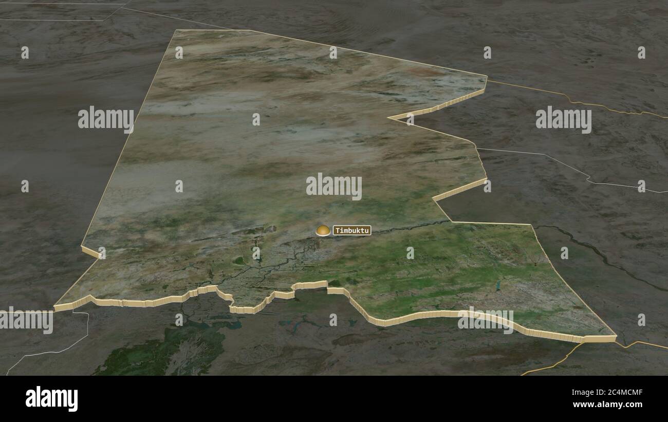 Zoom in on Timbuktu (region of Mali) extruded. Oblique perspective ...