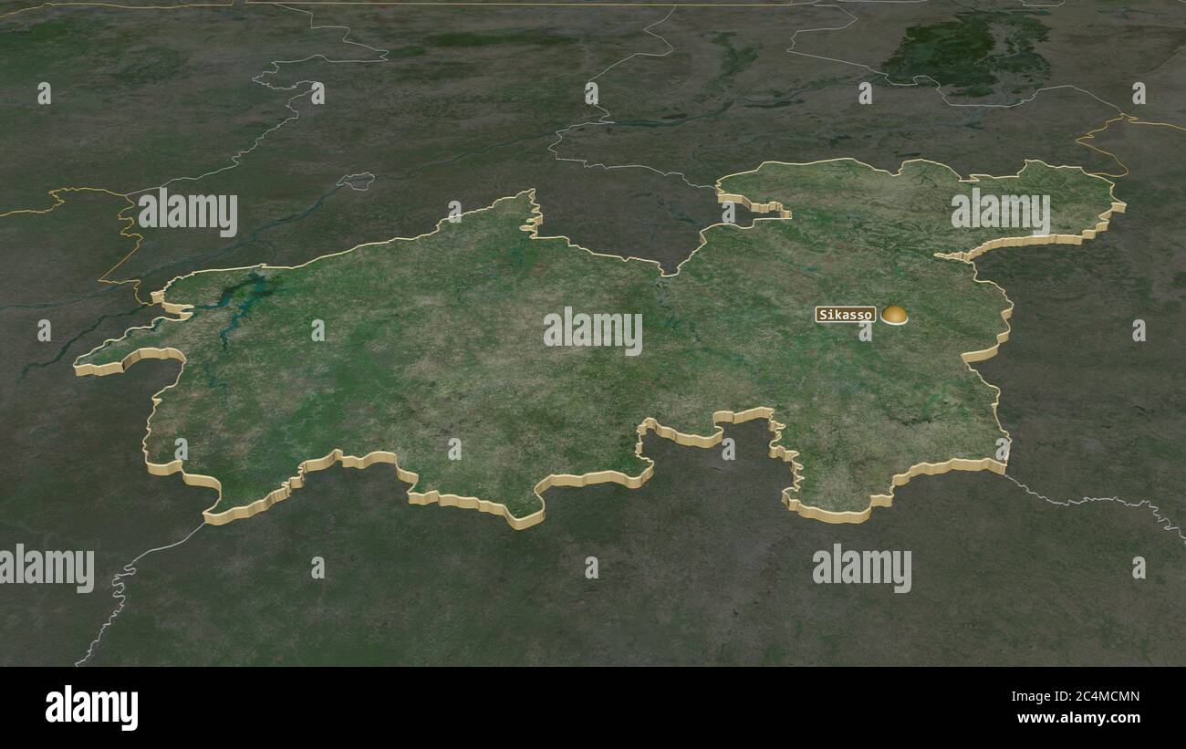 Zoom in on Sikasso (region of Mali) extruded. Oblique perspective ...