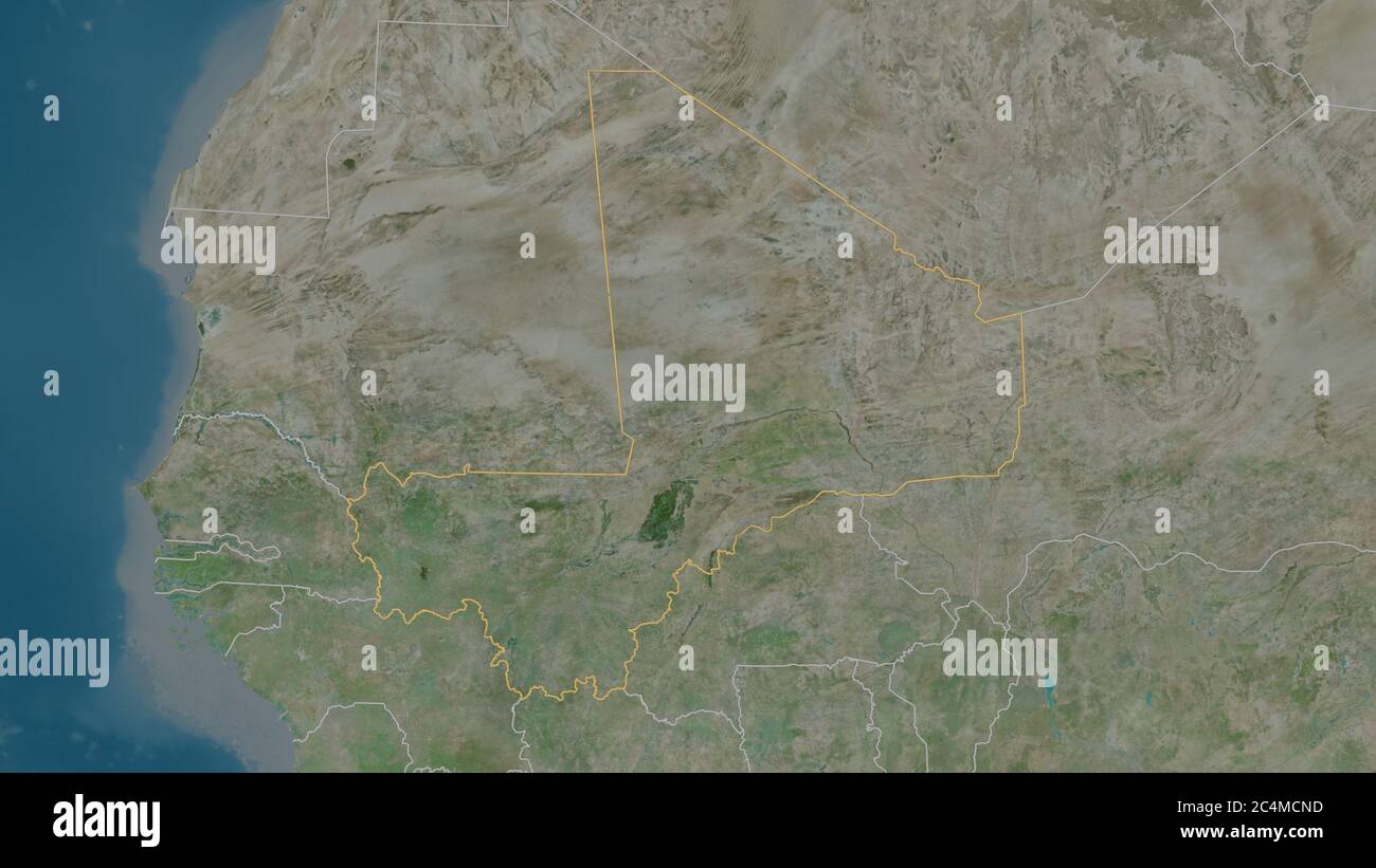 Outlined shape of the Mali area. Satellite imagery. 3D rendering Stock ...