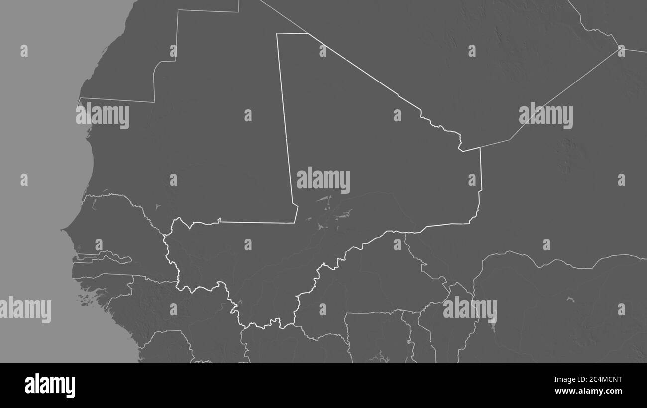 Outlined shape of the Mali area. Bilevel elevation map with surface ...