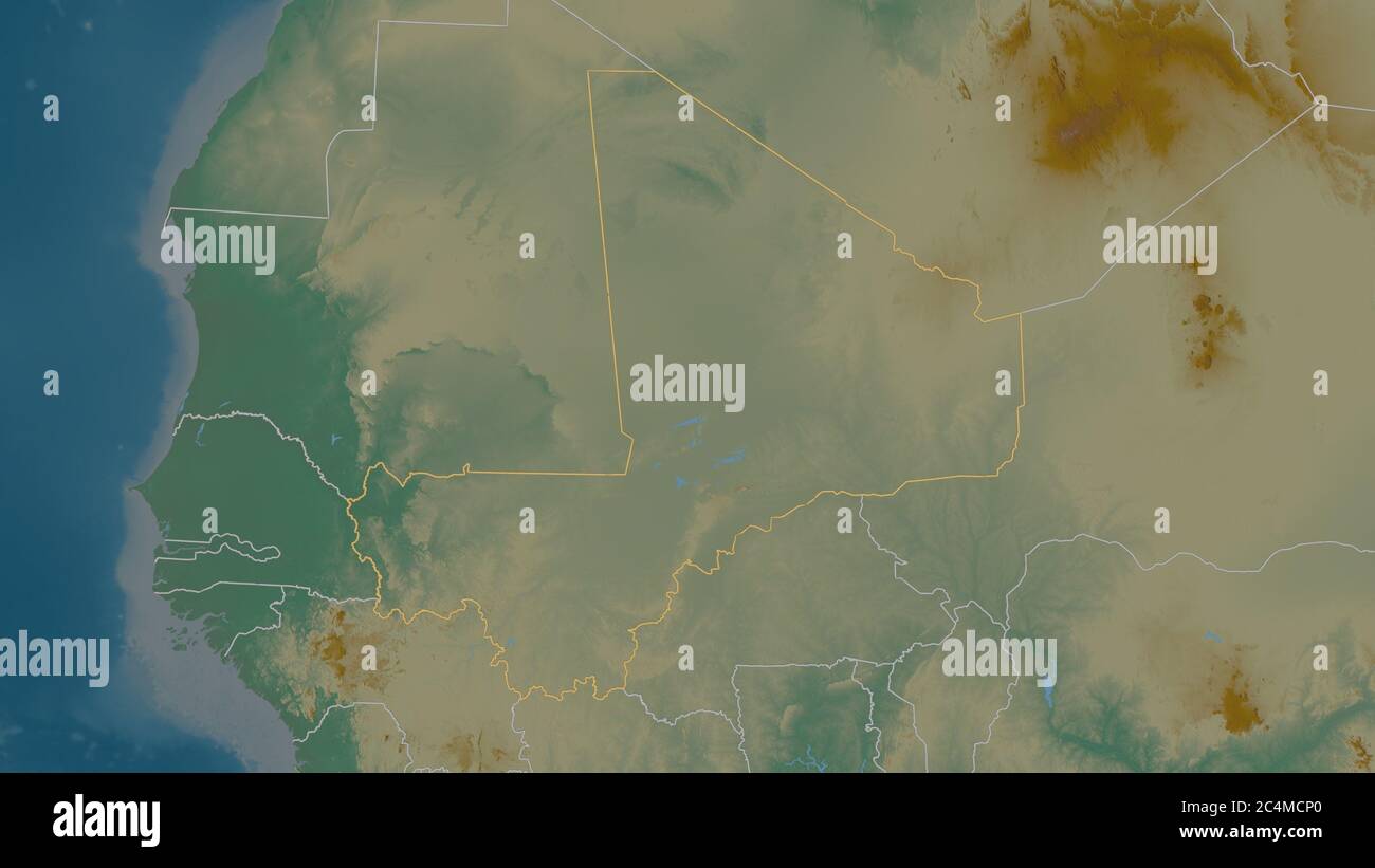 Outlined shape of the Mali area. Topographic relief map with surface ...