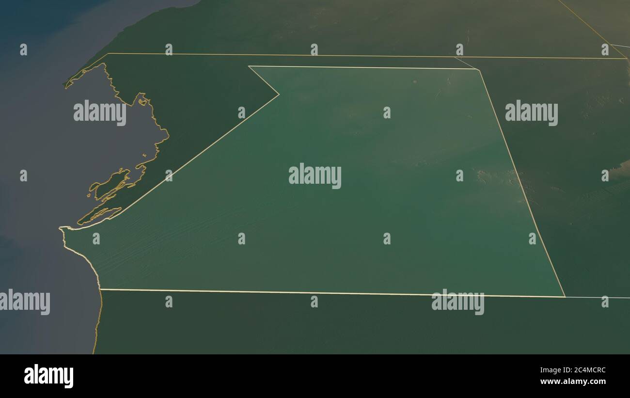 Zoom in on Inchiri (region of Mauritania) outlined. Oblique perspective ...